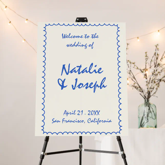 Modern Hand Written Blue Retro Fun Wedding Welcome Foam Board | Zazzle