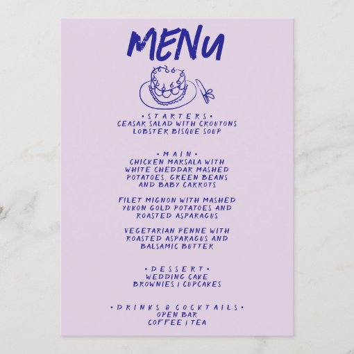 Modern Hand Written Drawn Retro Cake Wedding Menu | Zazzle