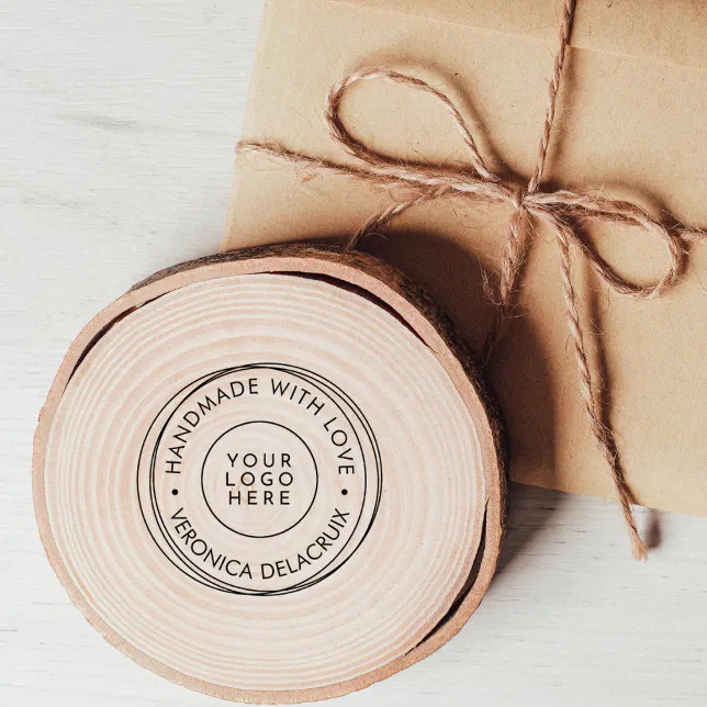 Modern Handmade Custom Logo Name Round Frame Rubber Stamp | Zazzle