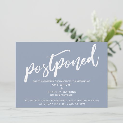 Modern Handwriting Postponed Wedding Dusty Blue Invitation | Zazzle