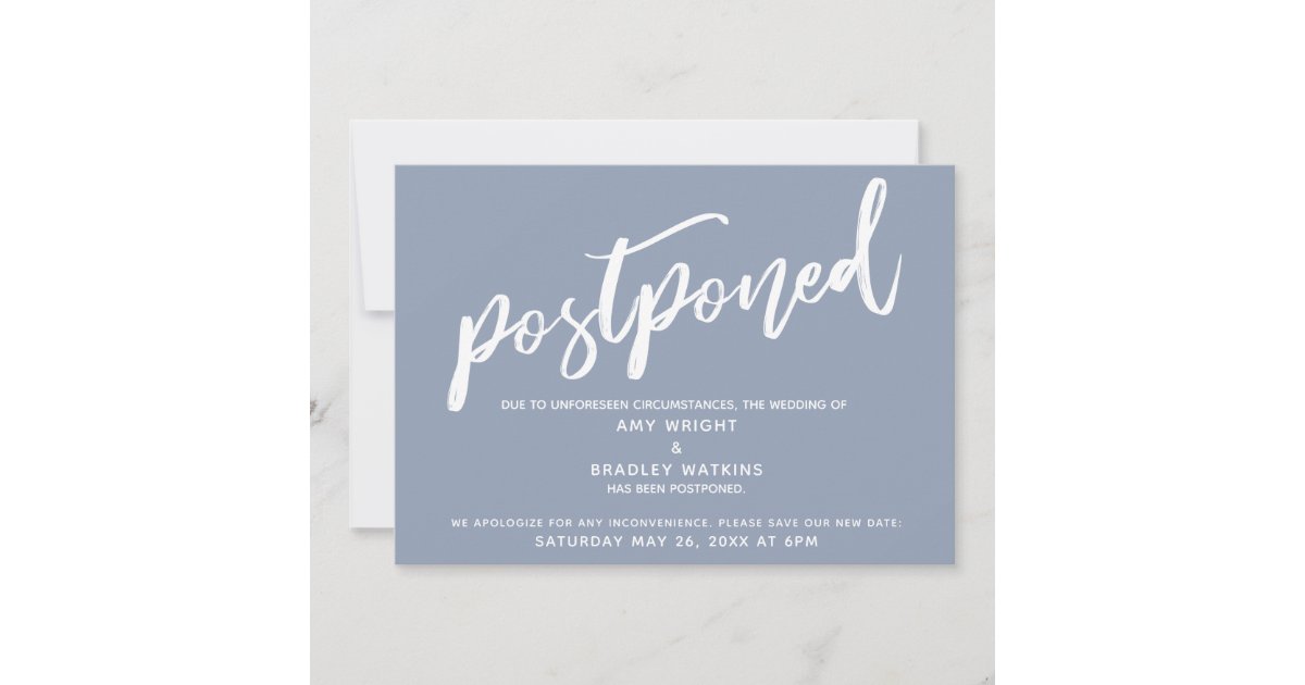 Modern Handwriting Postponed Wedding Dusty Blue Invitation | Zazzle