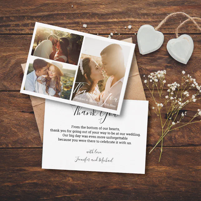 modern handwriting wedding photo collage thank you note card | Zazzle