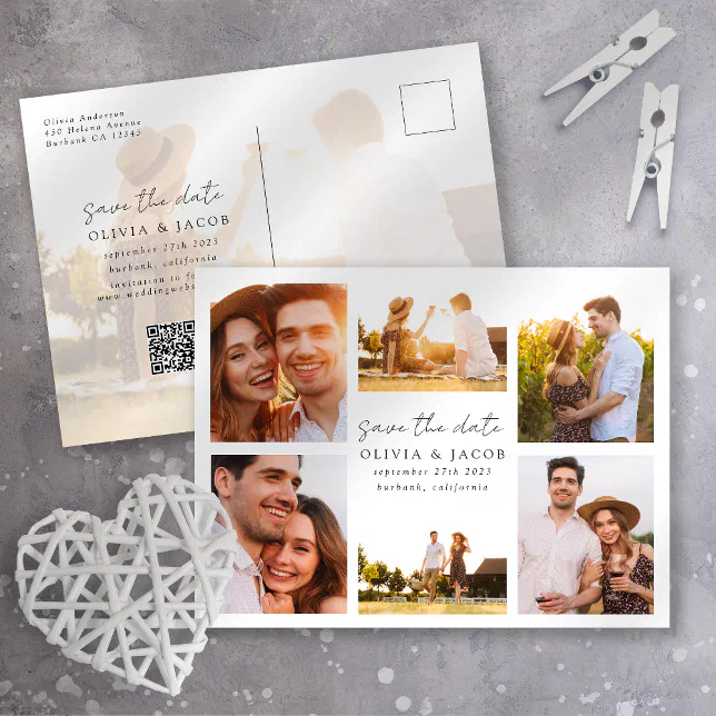 Modern Handwritten 6 Photo Wedding Save The Date Announcement Postcard ...
