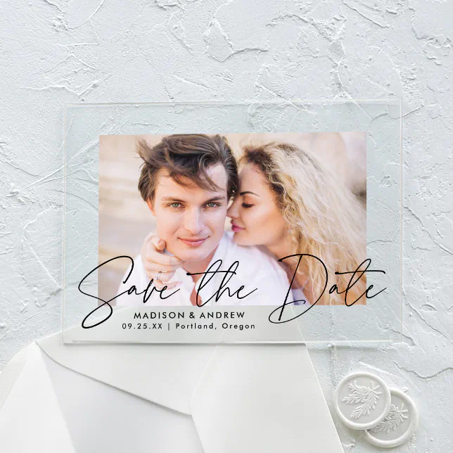 Modern Handwritten Black Script Save the Date Acrylic Invitations | Zazzle