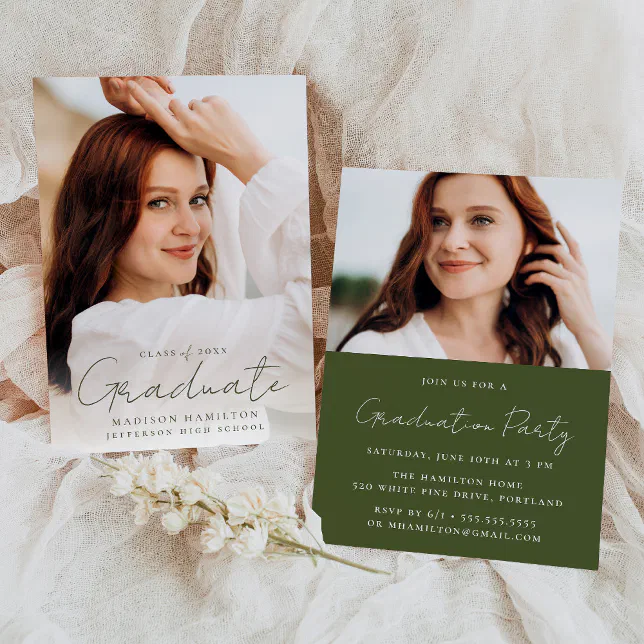 Modern Handwritten Green Script 2 Photo Graduation Invitation | Zazzle