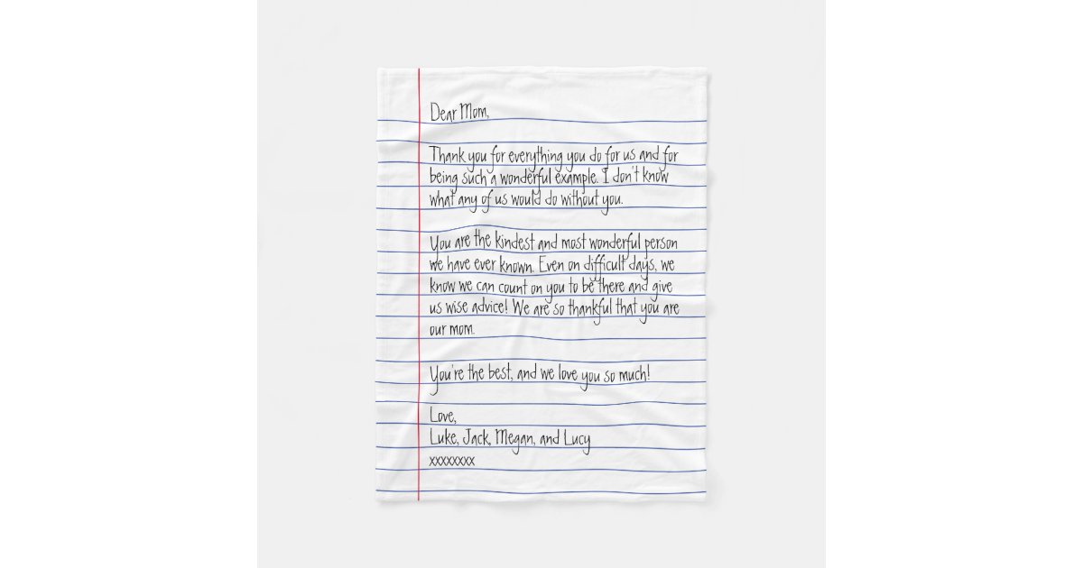 Modern Handwritten Letter on Lined Paper for Mom Fleece Blanket | Zazzle