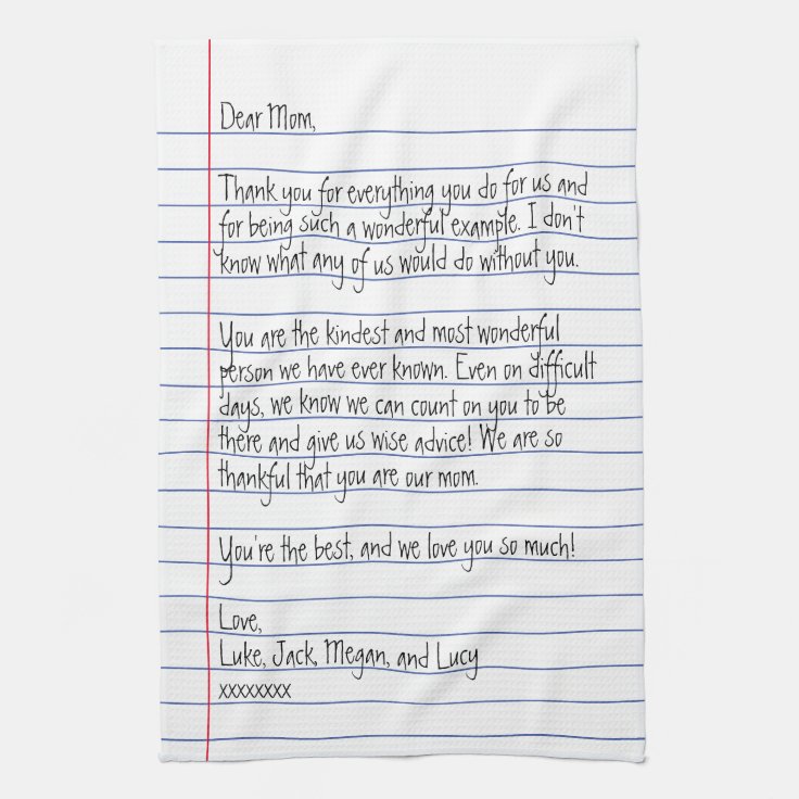Modern Handwritten Letter on Lined Paper for Mom Kitchen Towel | Zazzle