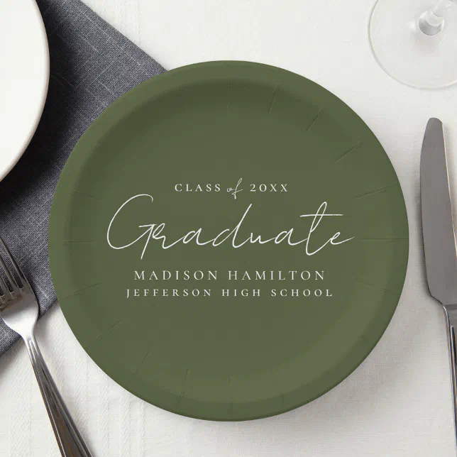 Modern Handwritten Script Olive Green Graduation Paper Plates | Zazzle