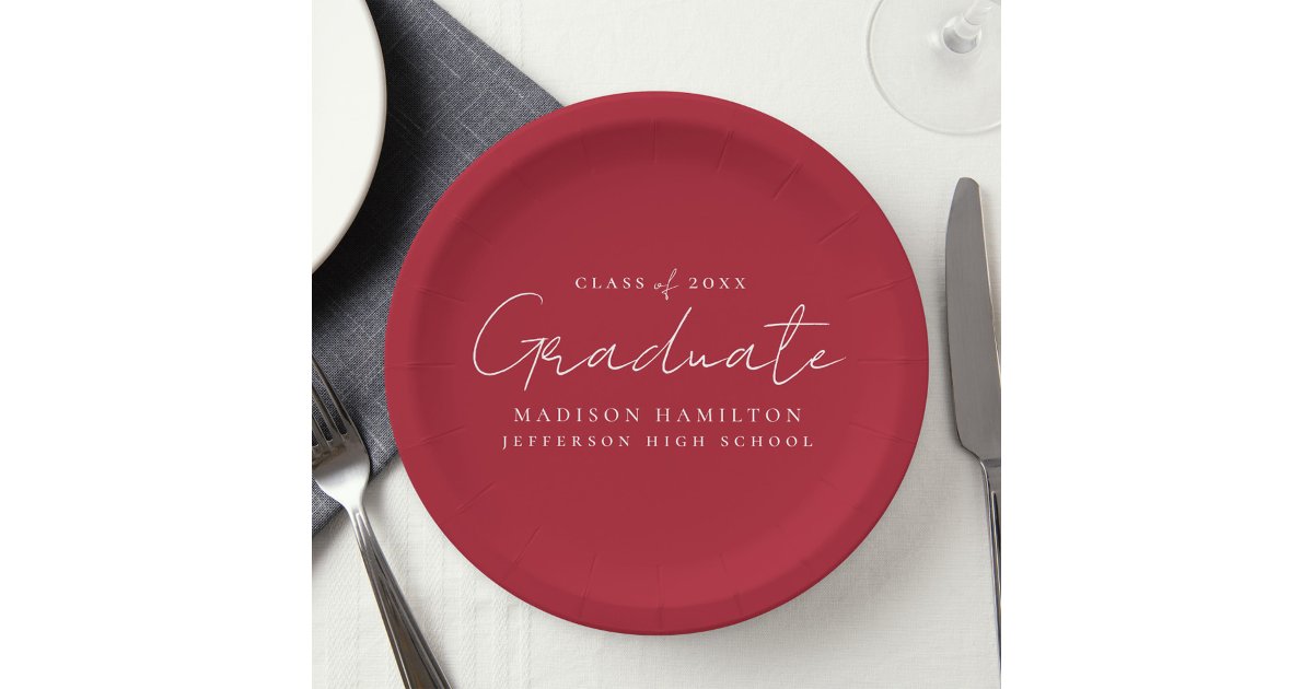 Modern Handwritten Script Red Graduation Paper Plates | Zazzle
