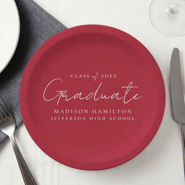 Modern Handwritten Script Red Graduation Paper Plates | Zazzle