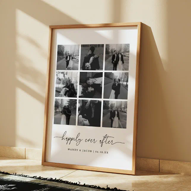Modern Happily Ever After 9 Photo Collage Wedding Poster | Zazzle