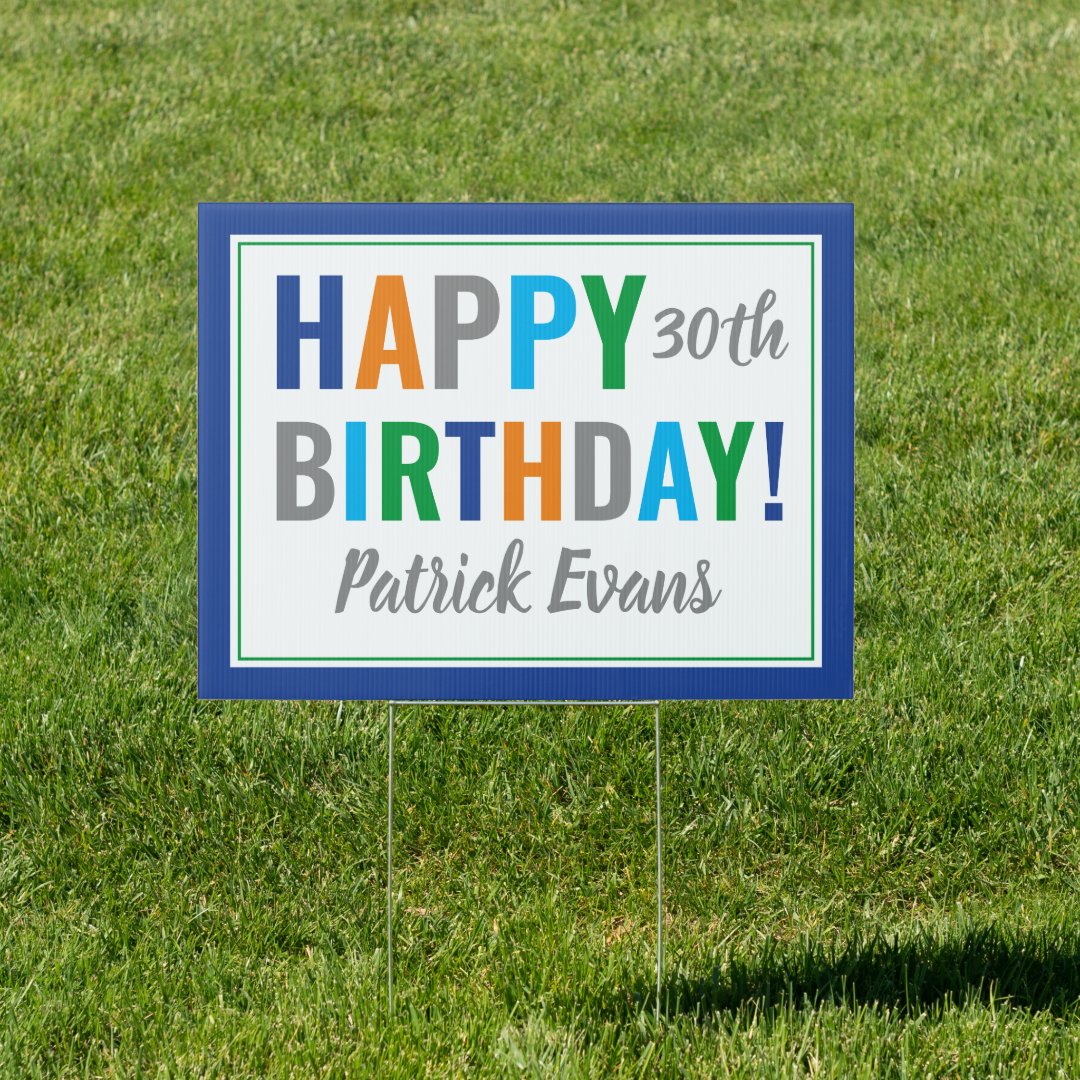 Modern Happy Birthday Blue Colorful Letters Custom Sign | Zazzle