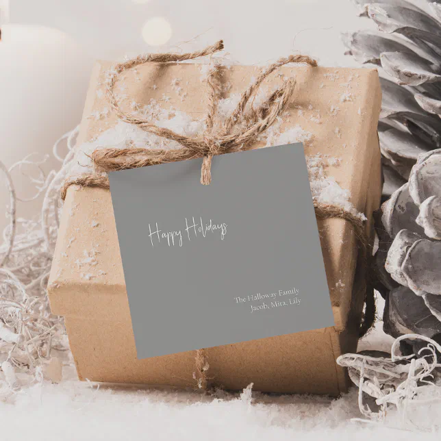 Modern Happy Holiday Silver Square Family Gift Tag | Zazzle