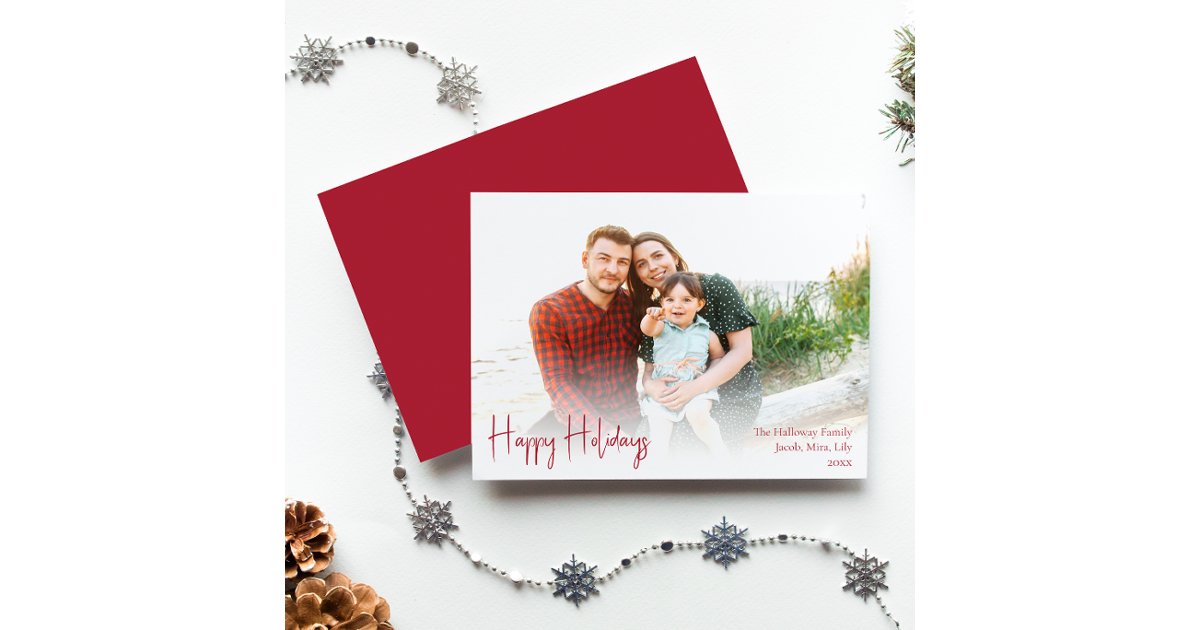Modern Happy Holidays | Red Full Photo Holiday Card | Zazzle