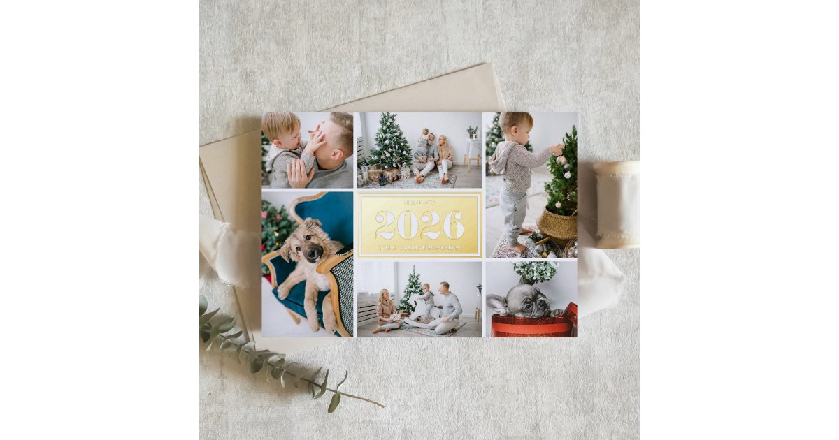Modern Happy New Year 2026 Photo Collage Foil Holiday Card | Zazzle