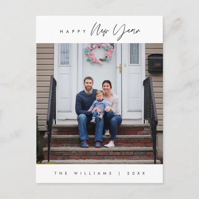 Modern Happy New Year Greeting Family Photo Postcard | Zazzle