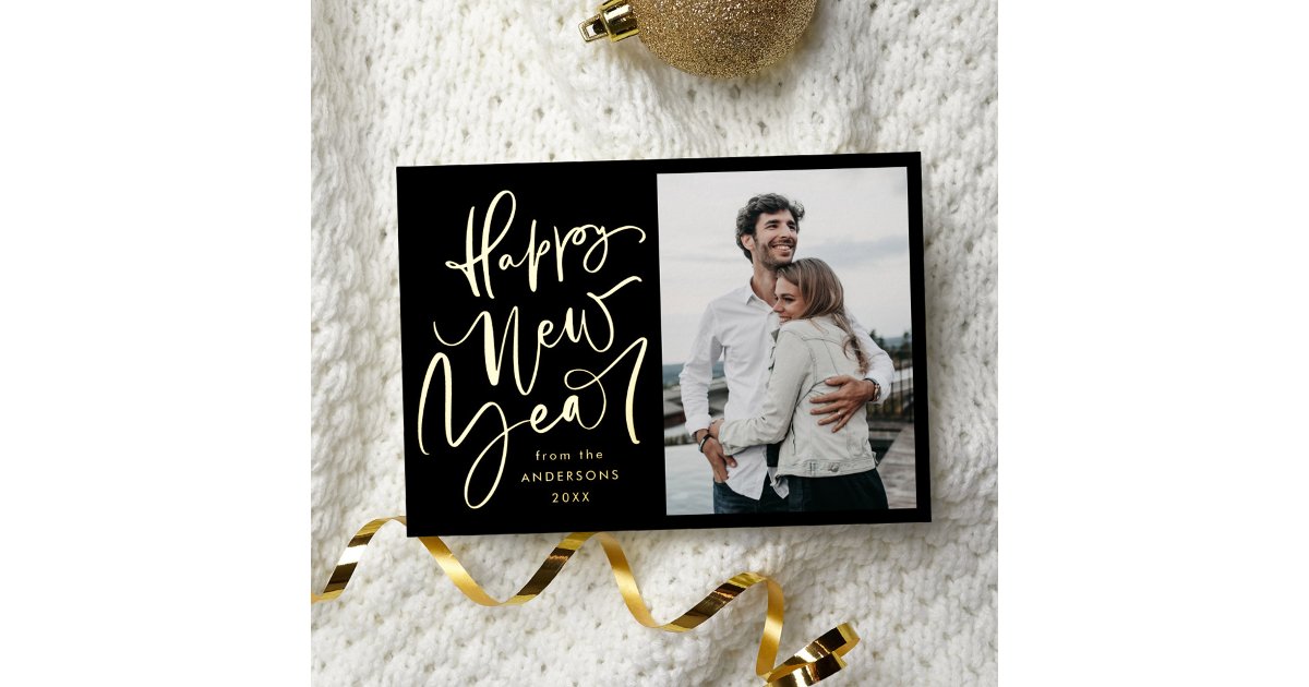 Modern Happy New Year Photo Black and Gold Foil Holiday Card | Zazzle