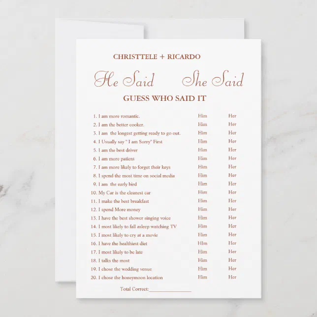 Modern He said she said Bridal shower game card | Zazzle