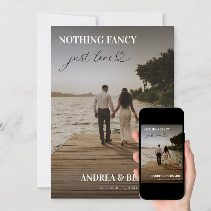 Modern Heart Script Nothing Fancy Just Love Eloped Invitation | Zazzle