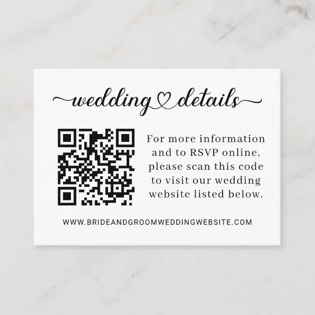Modern Heart Script Wedding Details QR Code Enclosure Card | Zazzle
