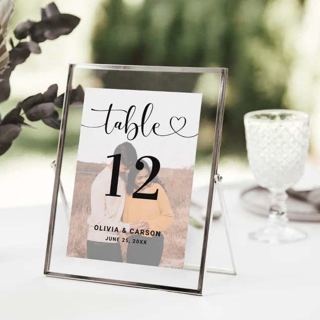 Modern Heart Script Wedding Photo Table Number | Zazzle