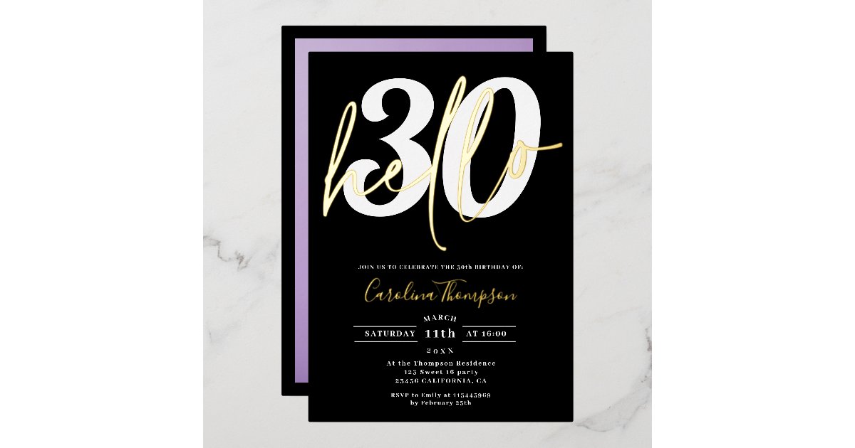 Modern hello 30 birthday photo black gold script foil invitation | Zazzle