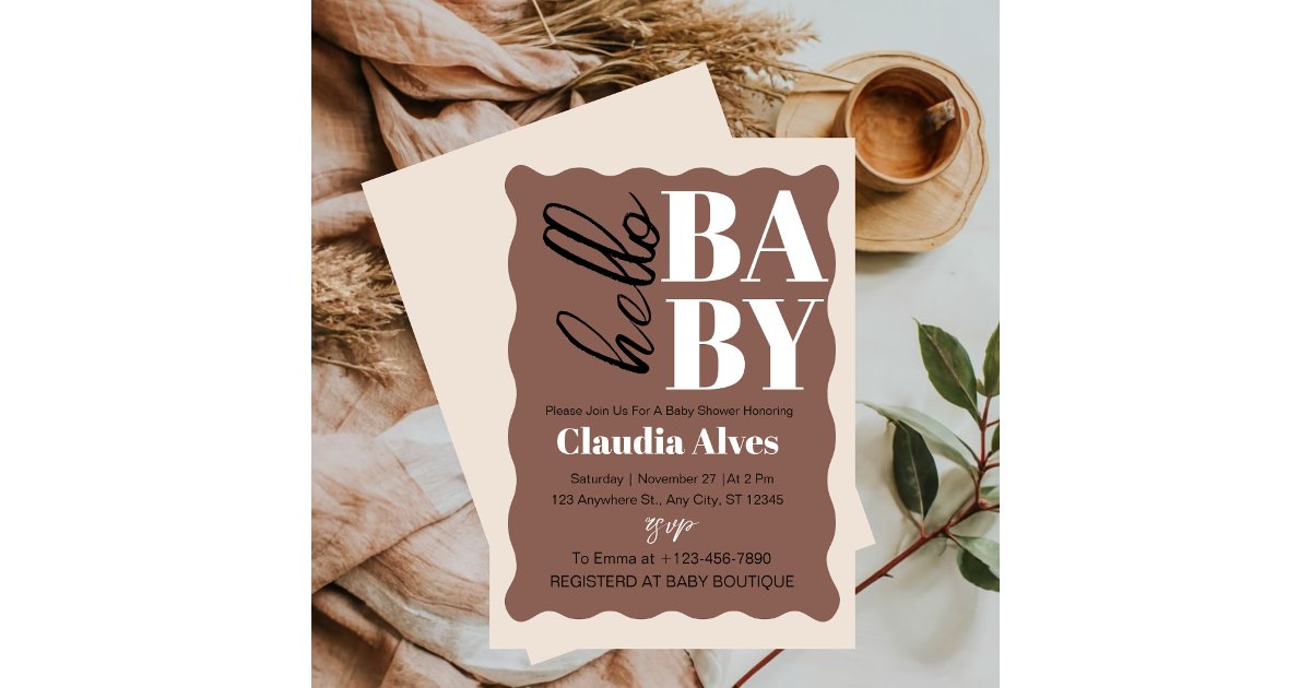 Modern Hello Baby Brown Baby Shower Invitation | Zazzle