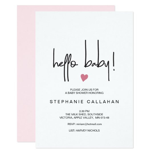 Modern hello baby girl shower invite | Pink heart | Zazzle.com