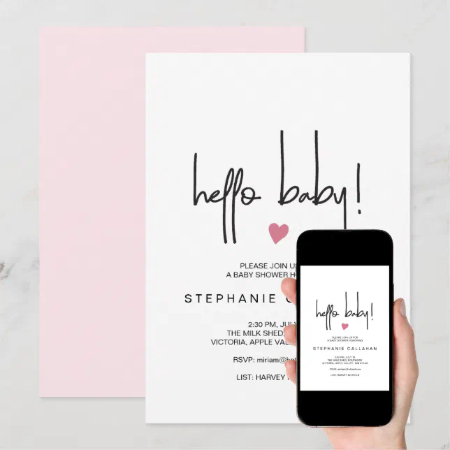 Modern Hello Baby Girl Shower Invite Pink Heart | Zazzle