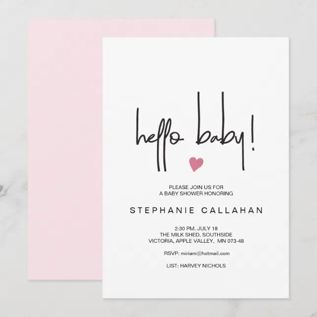 Modern Hello Baby Girl Shower Invite Pink Heart | Zazzle