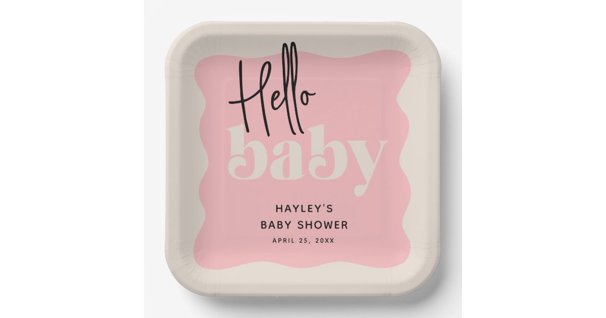 Modern Hello Baby Pink & Cream Baby Shower Paper Plates | Zazzle