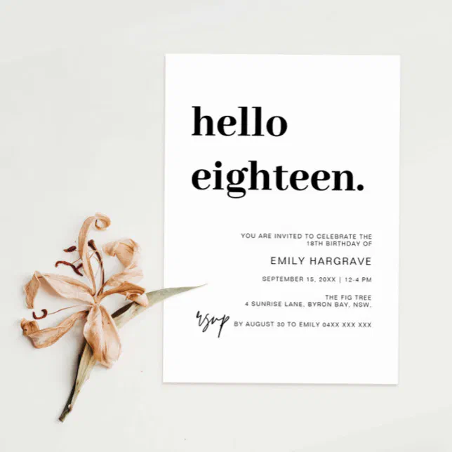 Modern Hello Eighteen Birthday Party Invitation | Zazzle