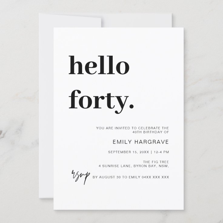 Modern Hello Forty 40 Birthday Party Invitation | Zazzle