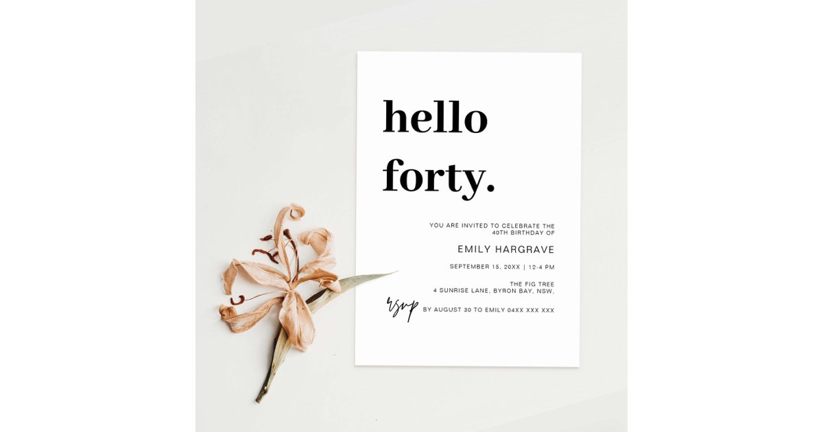 Modern Hello Forty 40 Birthday Party Invitation | Zazzle