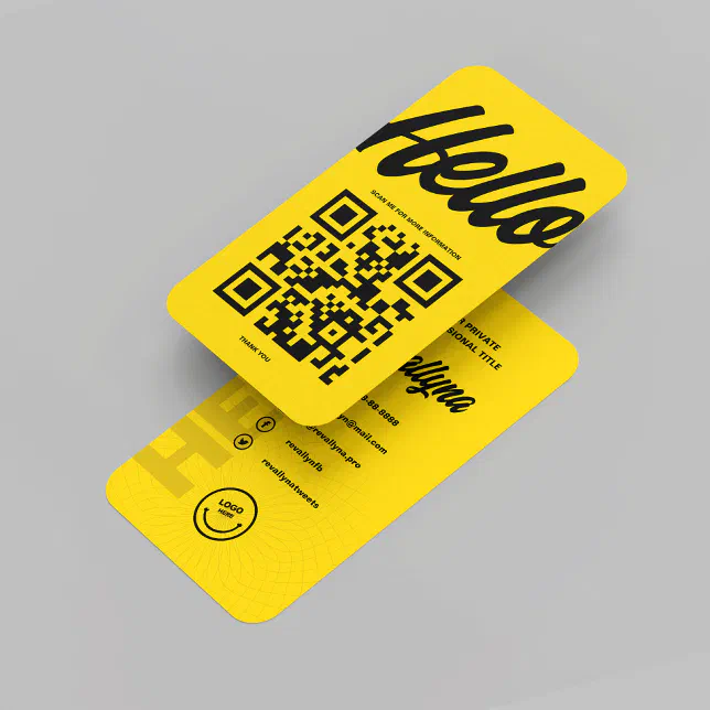 MODERN HELLO MONOGRAM LOGO YELLOW QR CODE BUSINESS CARD | Zazzle