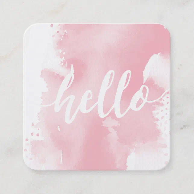 MODERN HELLO SCRIPT arty watercolor blush pink Square Business Card ...