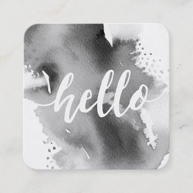 MODERN HELLO SCRIPT arty watercolor splash grey Square Business Card ...