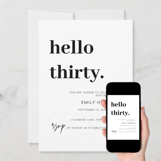 Modern Hello Thirty 30 Birthday Party Invitation | Zazzle