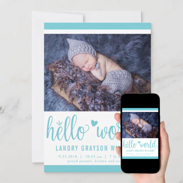 Modern Hello World Photo Aqua Birth Stat Announcement | Zazzle