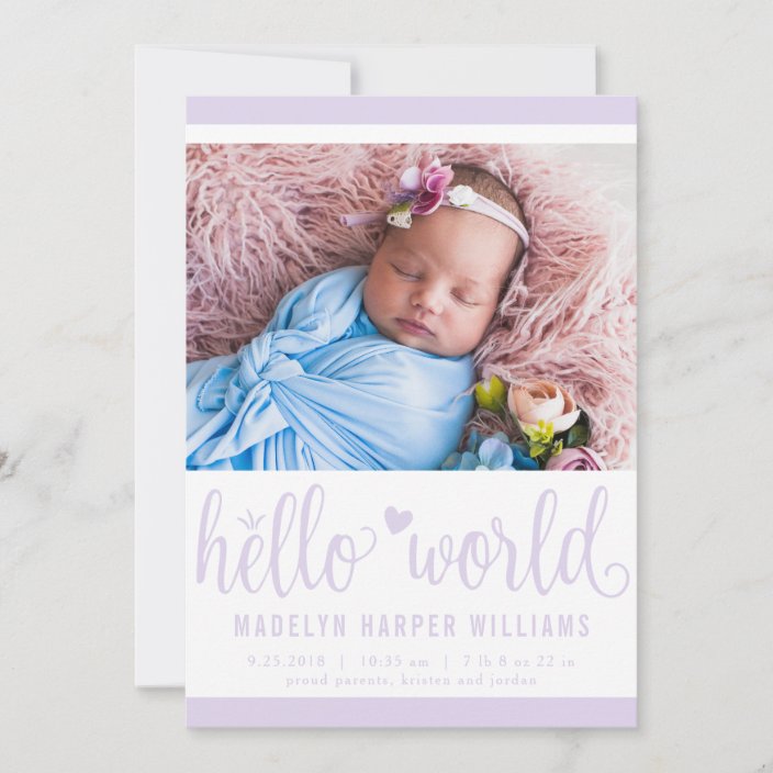 Modern Hello World Photo Purple Birth Stat Announcement | Zazzle.com
