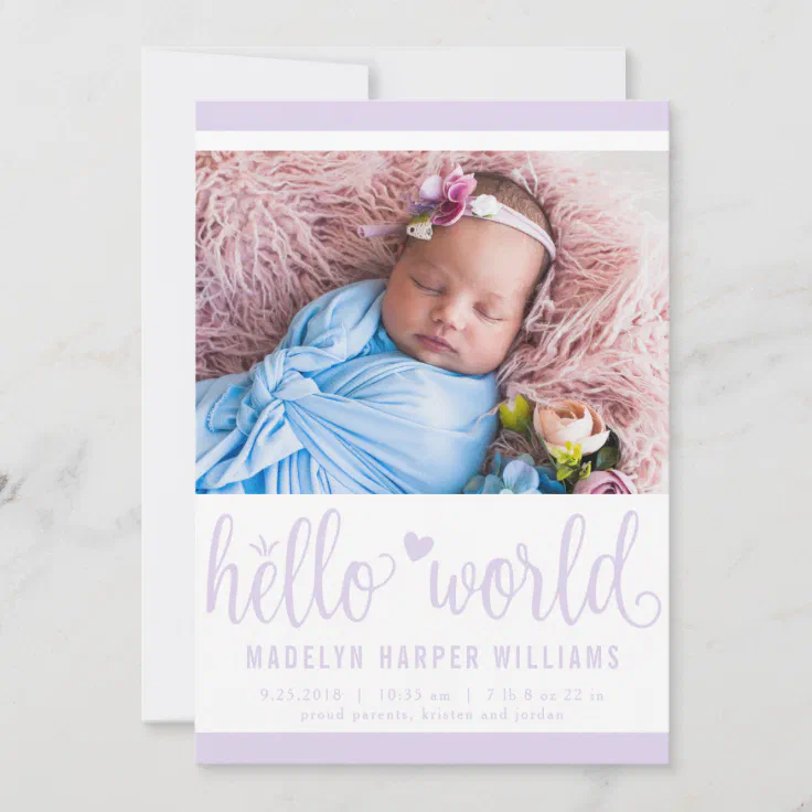 Modern Hello World Photo Purple Birth Stat Announcement | Zazzle