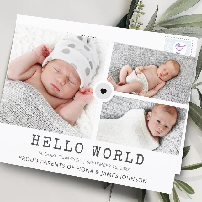 Modern Hello World Photos Grid Collage Birth Announcement Postcard | Zazzle