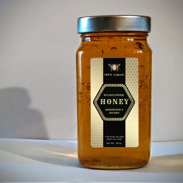 Modern Hexagon branch gold bee honey jar Label | Zazzle