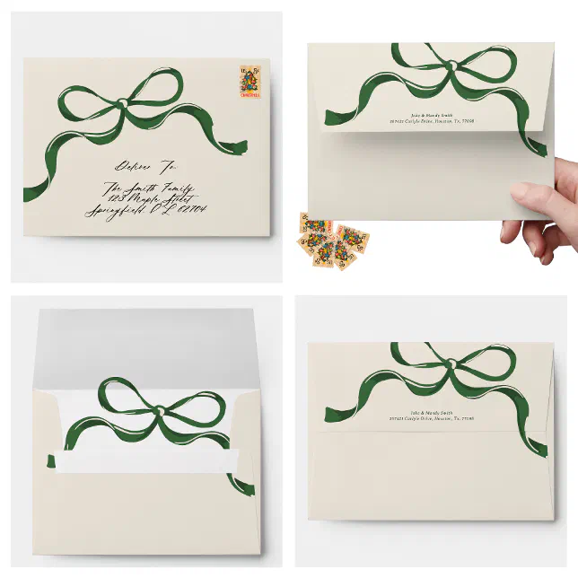 Modern Holiday Big Green Bow Christmas Cream Envelope | Zazzle