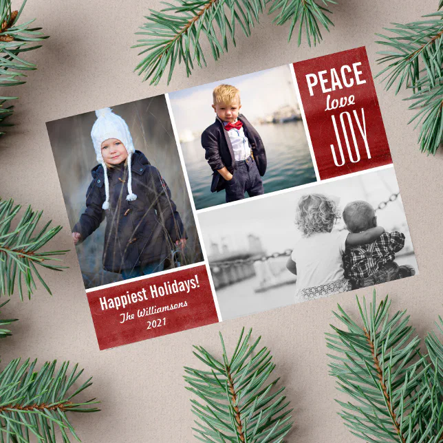 Modern Holiday Red Peace Love Joy Photo Collage | Zazzle