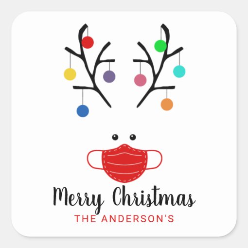 Modern Holiday Whimsical Masked Reindeer Christmas Square Sticker | Zazzle