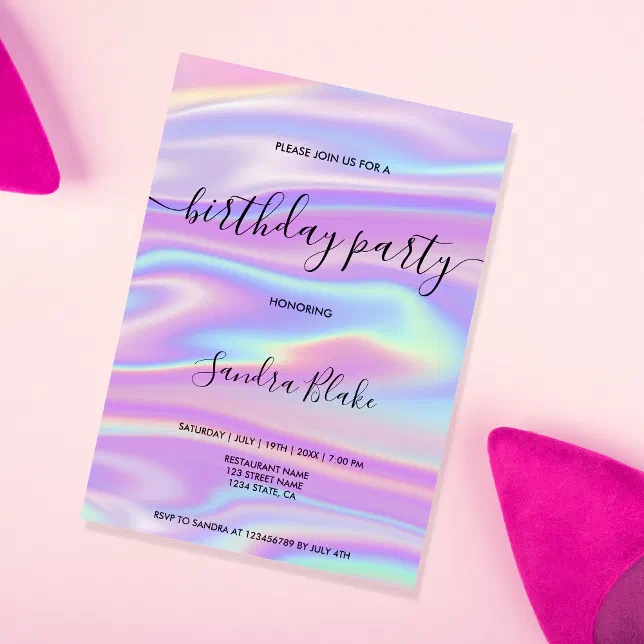 Modern Holograph Girly Trendy Birthday Invitation | Zazzle