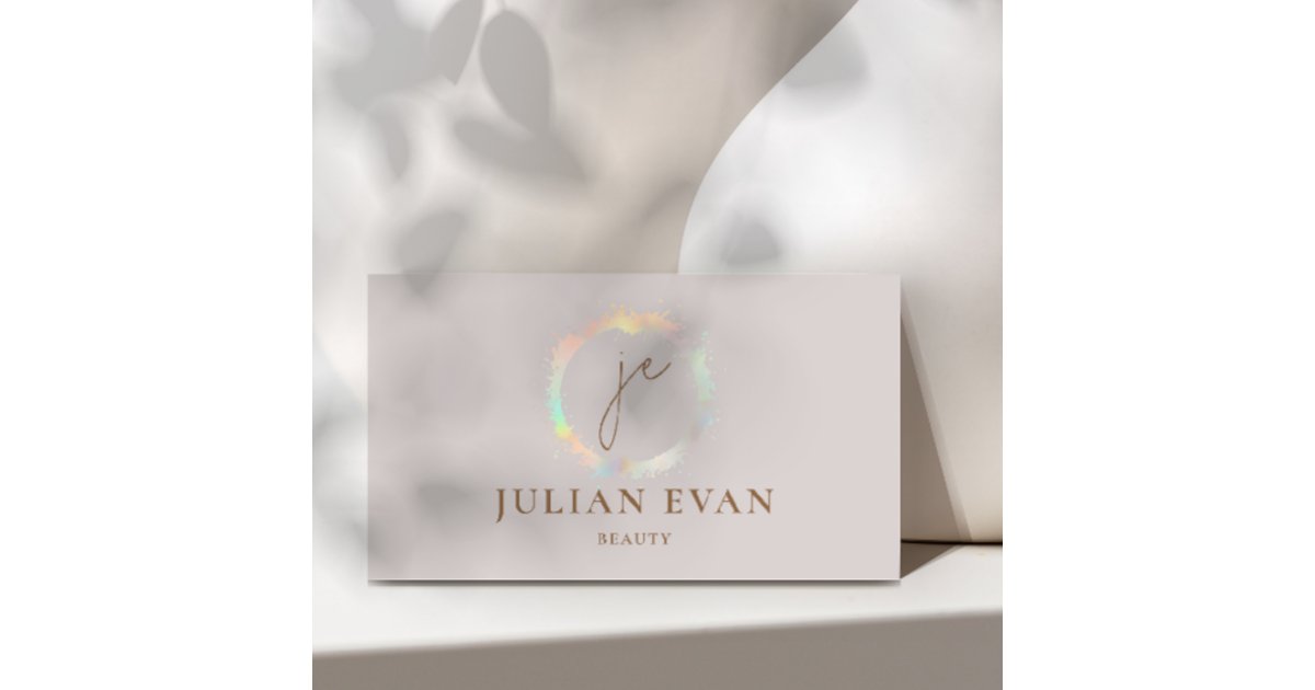 Modern Holographic Monogram Beige Business Card | Zazzle