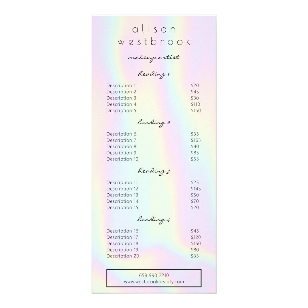 Modern holographic pastel glam salon service menu | Zazzle
