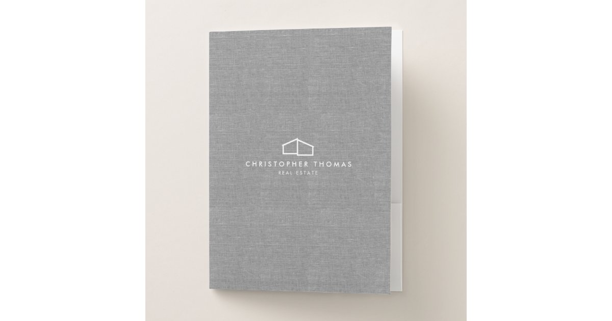 Modern Home Logo Gray Linen Pocket Folder | Zazzle